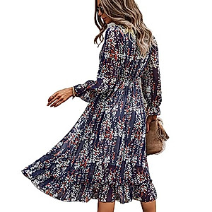 MOPOOGOSS Womens Junior Casual Summer Spring Ruffle Elegant Floral Long Sleeve Sexy V Neck Cute Chiffon Boho Beach Tunic Swing A Line Flowy Long Beach Casual Dresses for Women Navy M