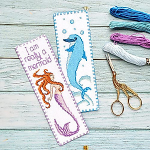 Dolphin Counted Cross Stitch Bookmark Kit for Adults - DIY Embroidery Book Marker Set with Paper Pattern, 16 Count Aida Canvas and Pre-Sorted Floss