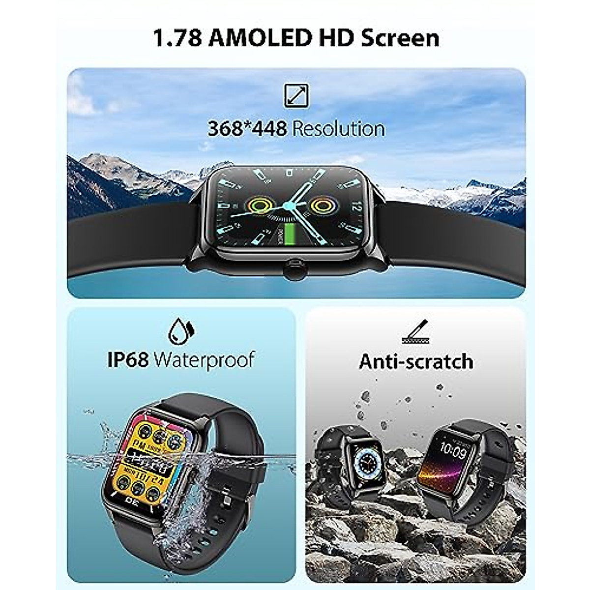 EGQINR Smart Watch, 1.78" AMOLED 368 * 448 HD Screen, 69 Sports Modes Fitness Tracker with Heart Rate, Blood Oxygen, Sleep, IP68 Waterproof Smartwatch with Bluetooth Call for Android iOS