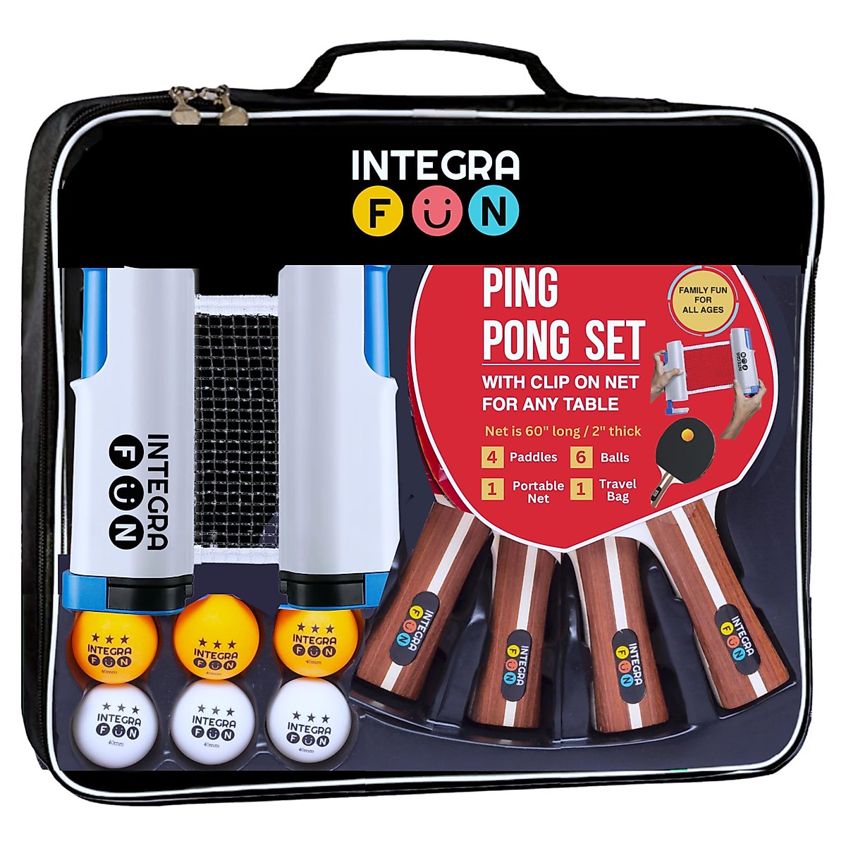 IntegraFun Pro Ping Pong Paddle Set with Ping Pong Net- Bracket Clamps,3-star Ping Pong Balls, Storage Case - Retractable Net and Post Set Adjustable to any Table - Indoor Outdoor Games for Family