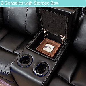 Comfort Stretch Sectional Recliner Sofa Set with LED Lights Power Reclining Couch Faux Leather Consoles Storage Boxes/USB Port/Cup Holders Living Room Furniture Home Theater Seating, Black