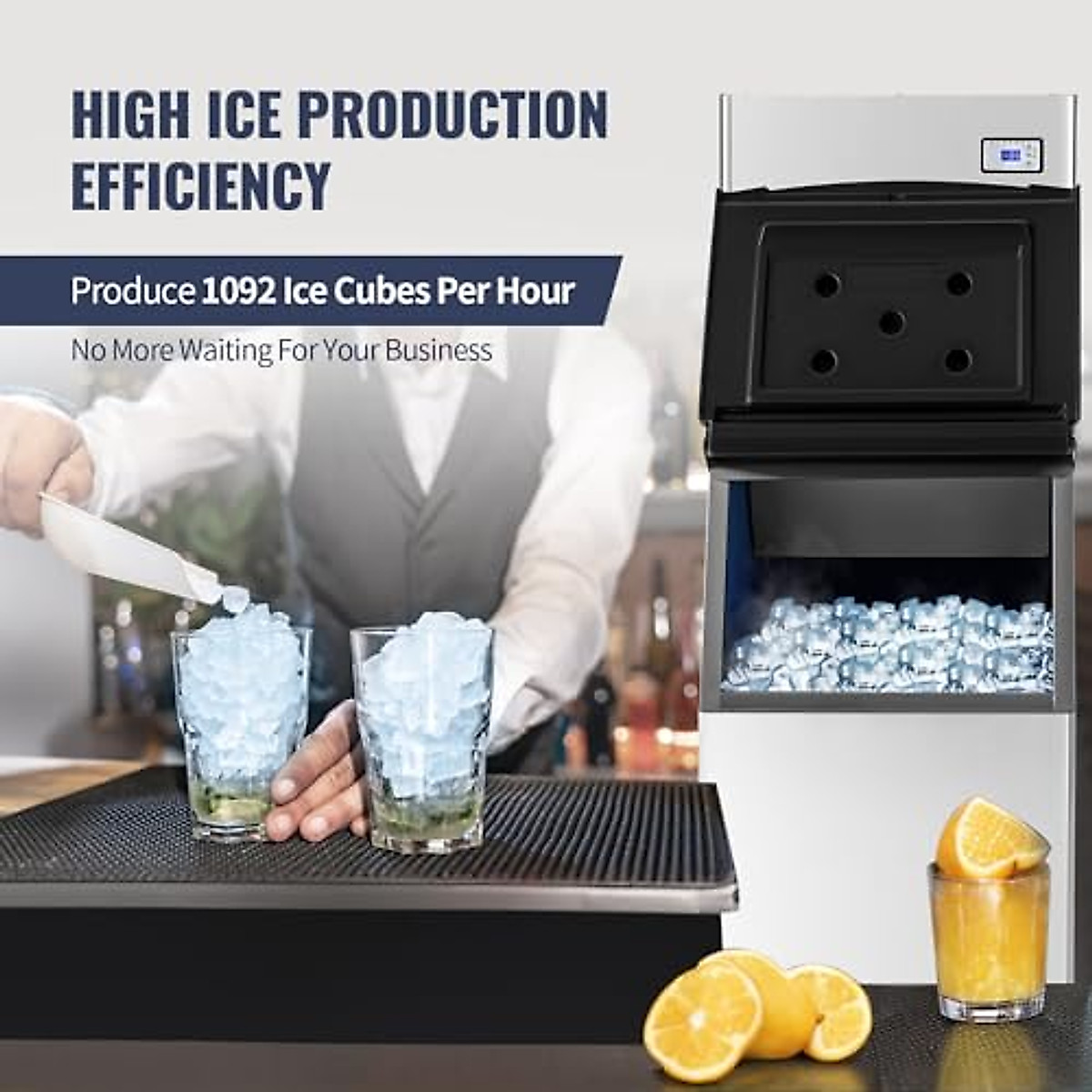 TECSPACE 110V Freestanding Commercial Ice Maker, 550LBS/24H, 1200W Ultra Strong Compressor, 265LBS Large Storage Bin, 182 PCS Ice Cubes Ready in 8-15 Mins