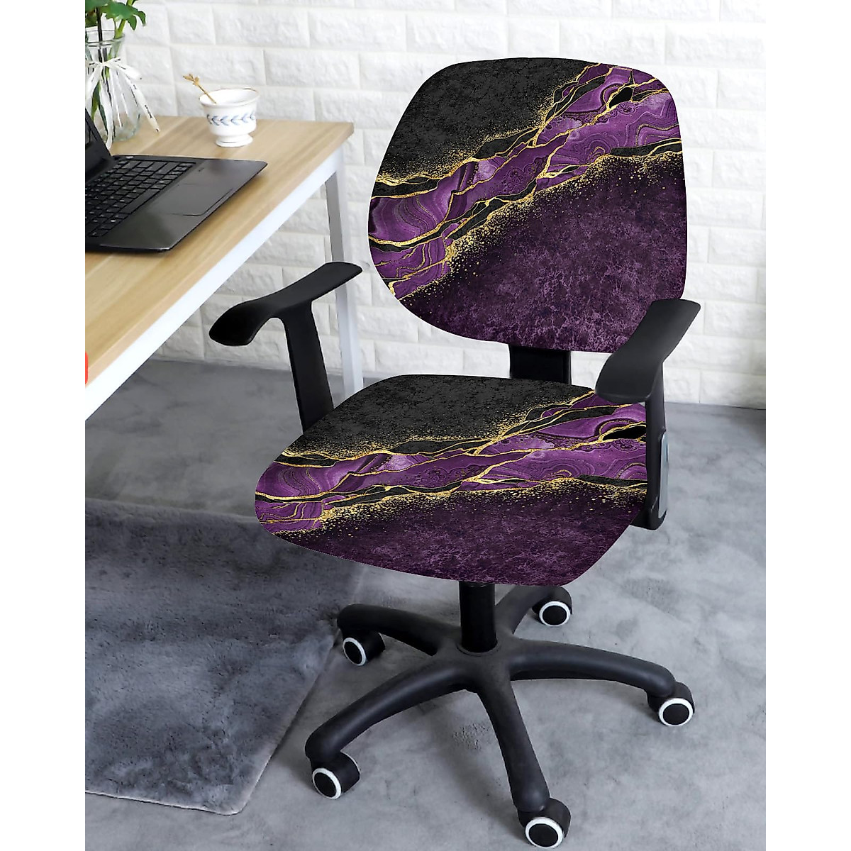 Marble Purple 2 Pieces Computer Office Chair Covers Set, Stretchable Desk Rotating Chair Seat Cushion Slipcover Back Covers, Decorative Protectors Cover Abstract Modern Minimalist Black Gold