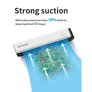 VECONNI Vacuum Sealer Machine, Automatic Vacuum Sealers for Food Storage, 12s Fast & Continuous Sealing, Smart Heating Strip & Pump, 10 Bags Included, 15.5x3.2x2.4 inches, VS20