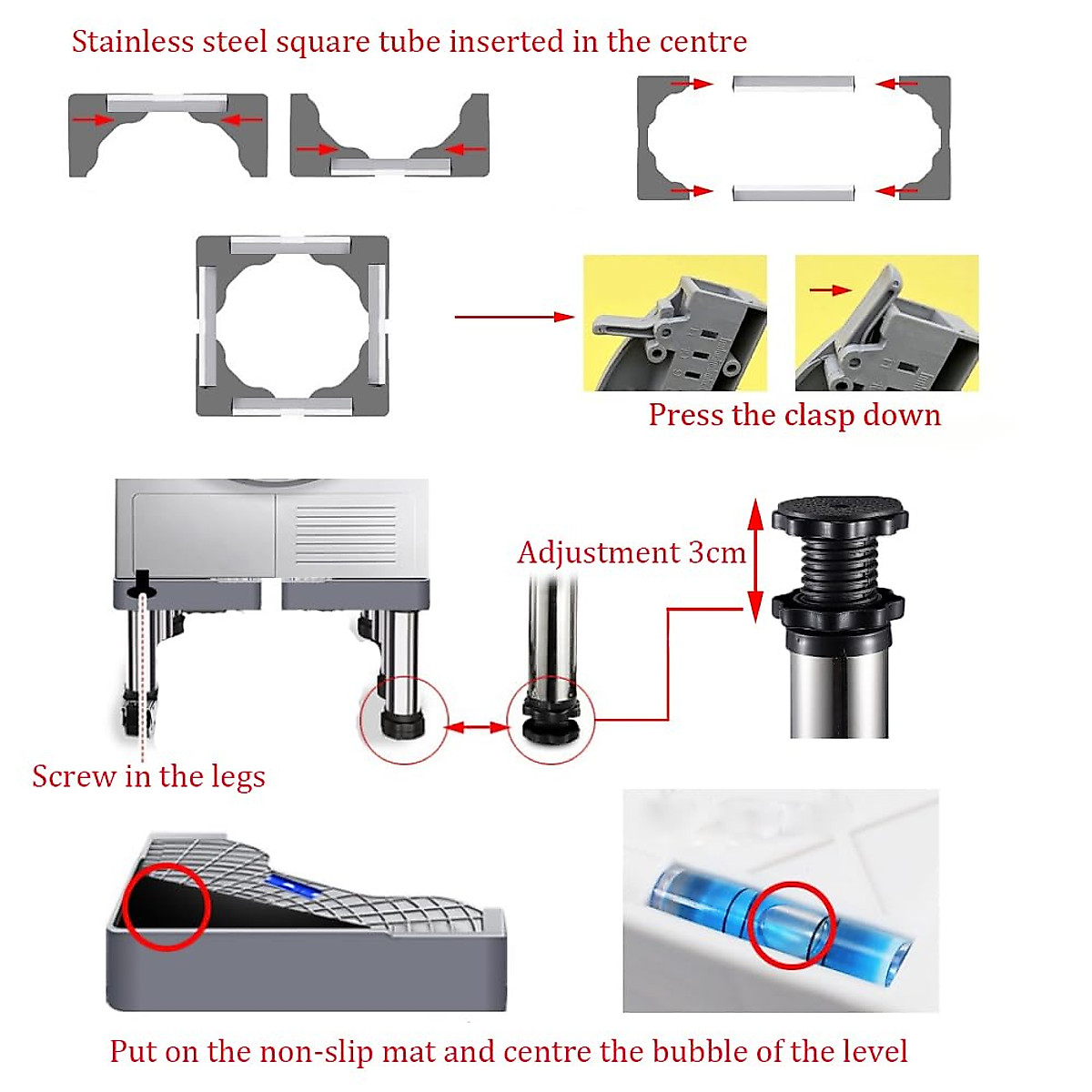 SSEHCWAN Washing Machine Stand, 4Legs Adjustable Washer Stand Height 17-20cm Washing Machine Base Fridge Stand Width 40-60 cm for Washer Cookers Fridges Max Load 150KG