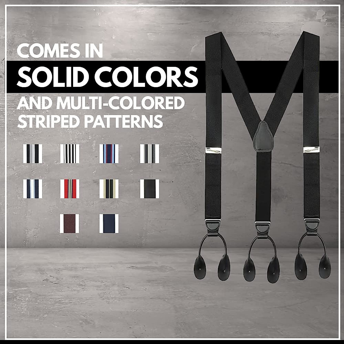 HOLD'EM Suspender for Men MADE IN USA – Y-Back Genuine Leather Trimmed Button End Non-Stretch Tuxedo Suspenders -Black