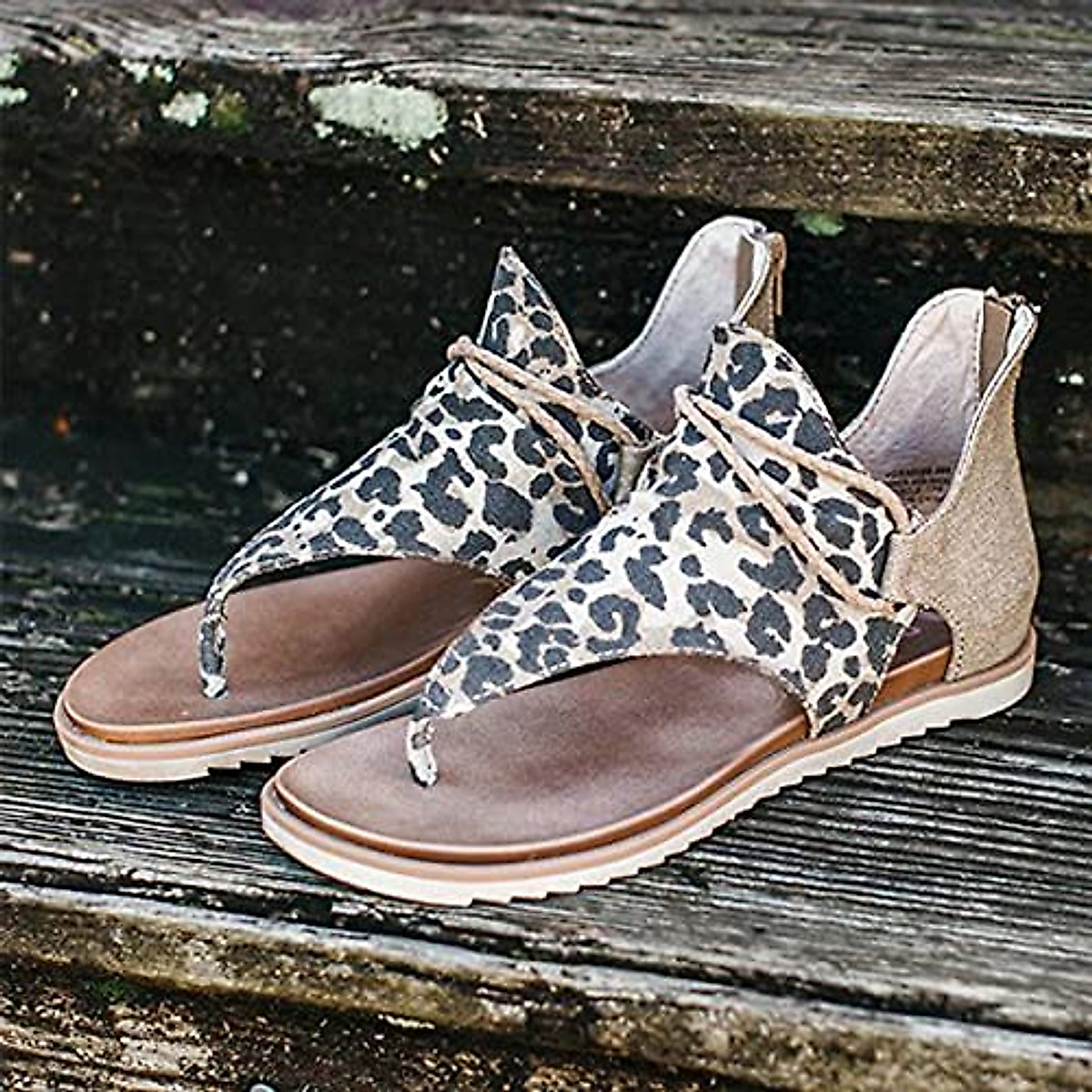 Bomden Womens Sandals, Flat Sole, Leopard Printed, Back Zipper, Summer Clip-Toe Shoes Comfy Sandals Flats Casual Beach Plus Size Flops Slippers Shoes, Khaki, Size:39 US:8 Foot Length:24.5cm9.65 inch