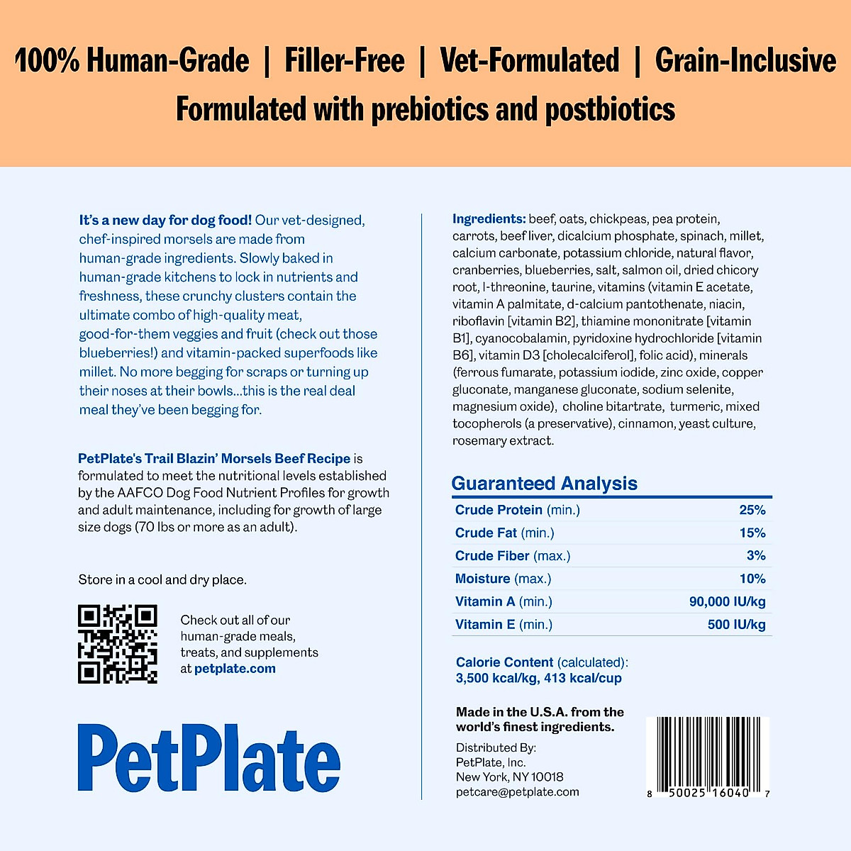 PetPlate FreshBaked Dry Dog Food Grain-Inclusive, Gently Baked and Air-Dried Human Grade Dog Food, Vet Designed and Formulated with Prebiotics and Postbiotics, No Fillers or by-Products, 2lbs (Beef)