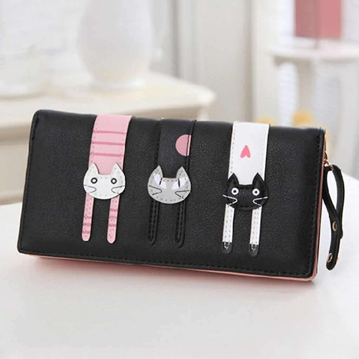 Valentoria® Birthday Gifts for Women's Mini Faux Leather Bifold 3 Cat Design Clutch Wallet (Long Black)