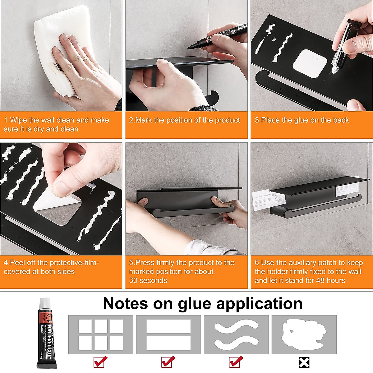 DUFU Paper Towel Holder Wall Mount for Kitchen, Self-Adhesive Paper Towel Holder with Shelf for Bathroom, Anti-Rust Aluminum, No Drill or Wall-Mounted with Screws (Matt Black)