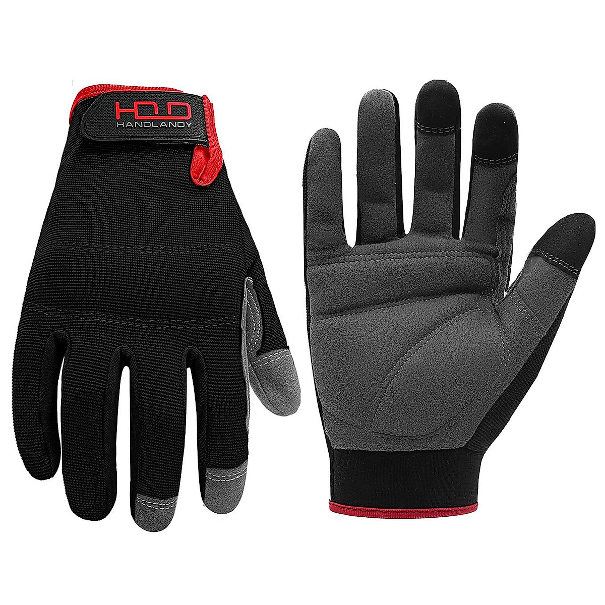 HANDLANDY Mens Work Gloves Touch Screen, Synthetic Leather Utility Gloves, Flexible Breathable Fit- Padded Knuckles & Palm (Large, Black)