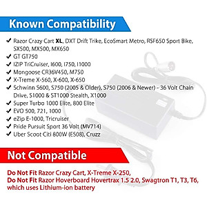 36V 1.5A Battery Charger for Razor MX500 - Premium 36V 1500mA Scooter Quick Charger (3-Pin XLR Connector) for Razor Crazy Cart XL, MX650, Currie, Schwinn S1000, S600, Ezip E1000, X-600 - W15128190014