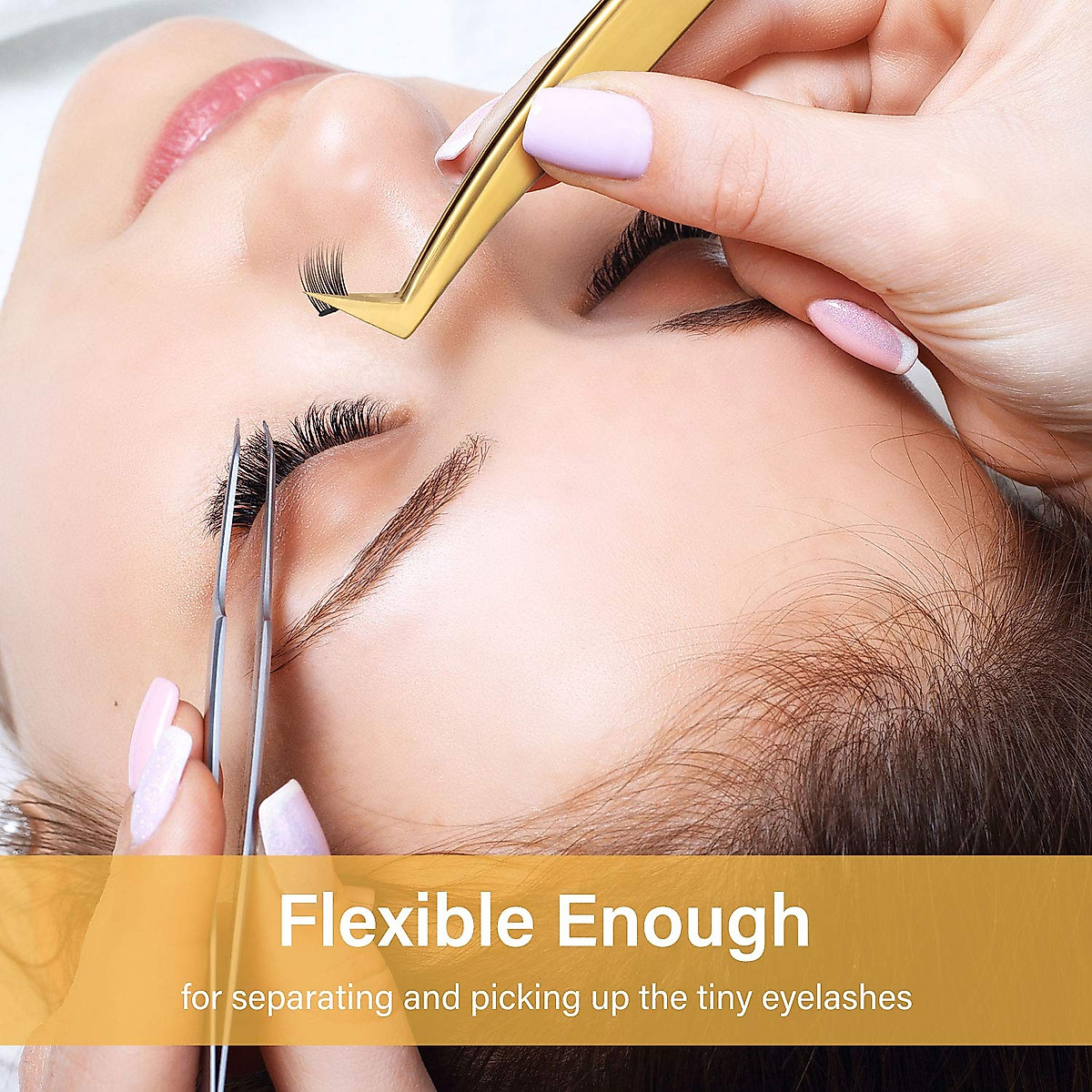 3 Pieces Volume Tweezers Eyelash Extension Tweezers Curved 6A Tip False Lash Tweezers Stainless Steel Precision Tweezers for Individual and 3D 6d Volume Eyelash Extension (Gold)