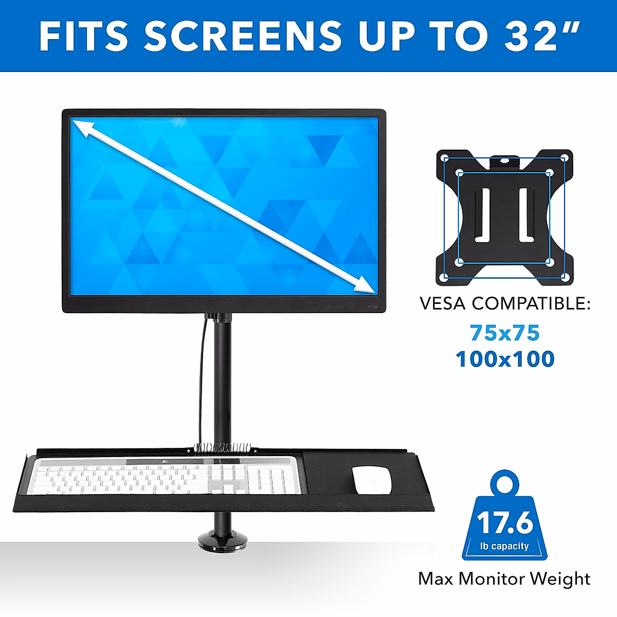 MOUNT-IT! Sit Stand Monitor Desk Mount [Fits 32" Screens] Height Adjustable, Full-Motion Articulating Arm with Keyboard Tray and Cable Management (Black)