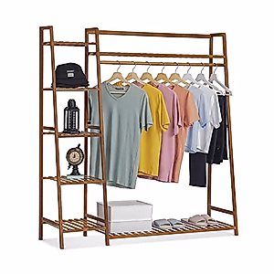 MoNiBloom Bamboo Clothing Rack with 5-Tier Storage Shelves Trapezoid Multi-Functional Clothes Rack, Clothes Hanging Rack Stand for Bedroom Living Room, Brown