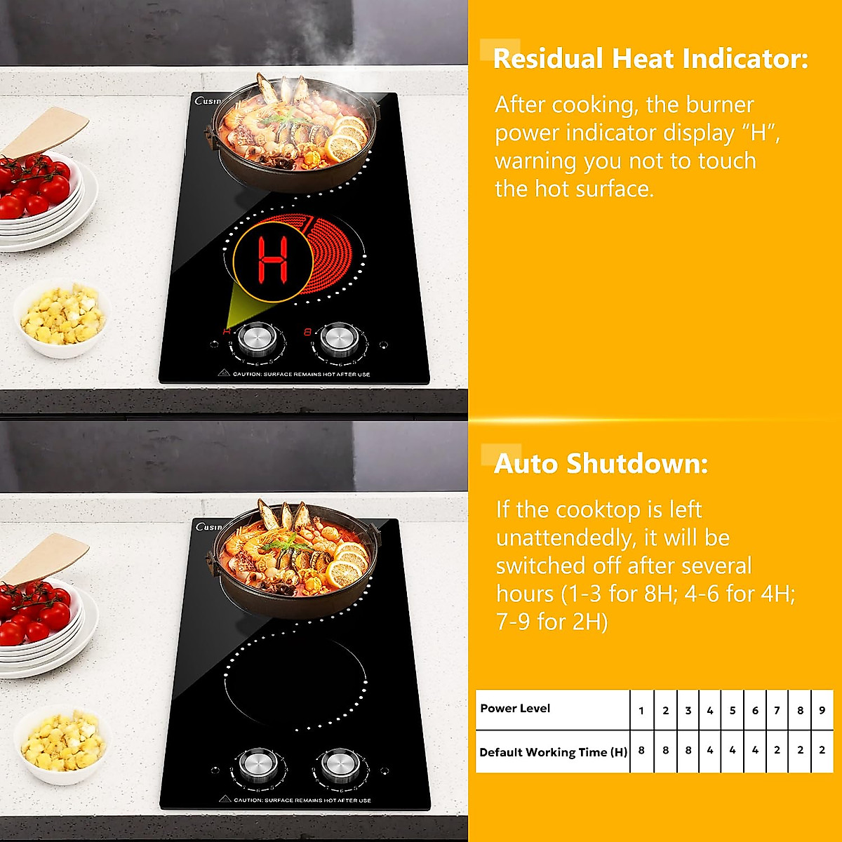 Cusinesync 12 Inch Electric Cooktop, 2 Burner Electric Stove Top with 9 Power Levels, Knob Control, Auto shutdown and Residual Heat Warning, 2000W, Ideal for Countertop & Built-In Use (110-120V)