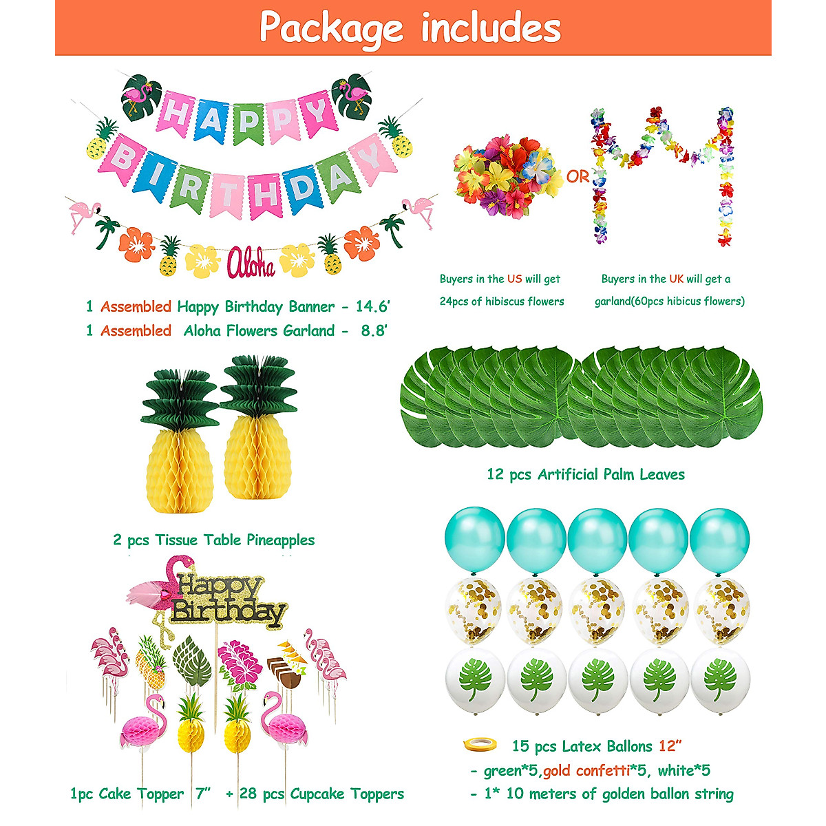 LOVENJOY Hawaiian Luau Birthday Party Decoration Kit, Pre-Strung Banners, Large