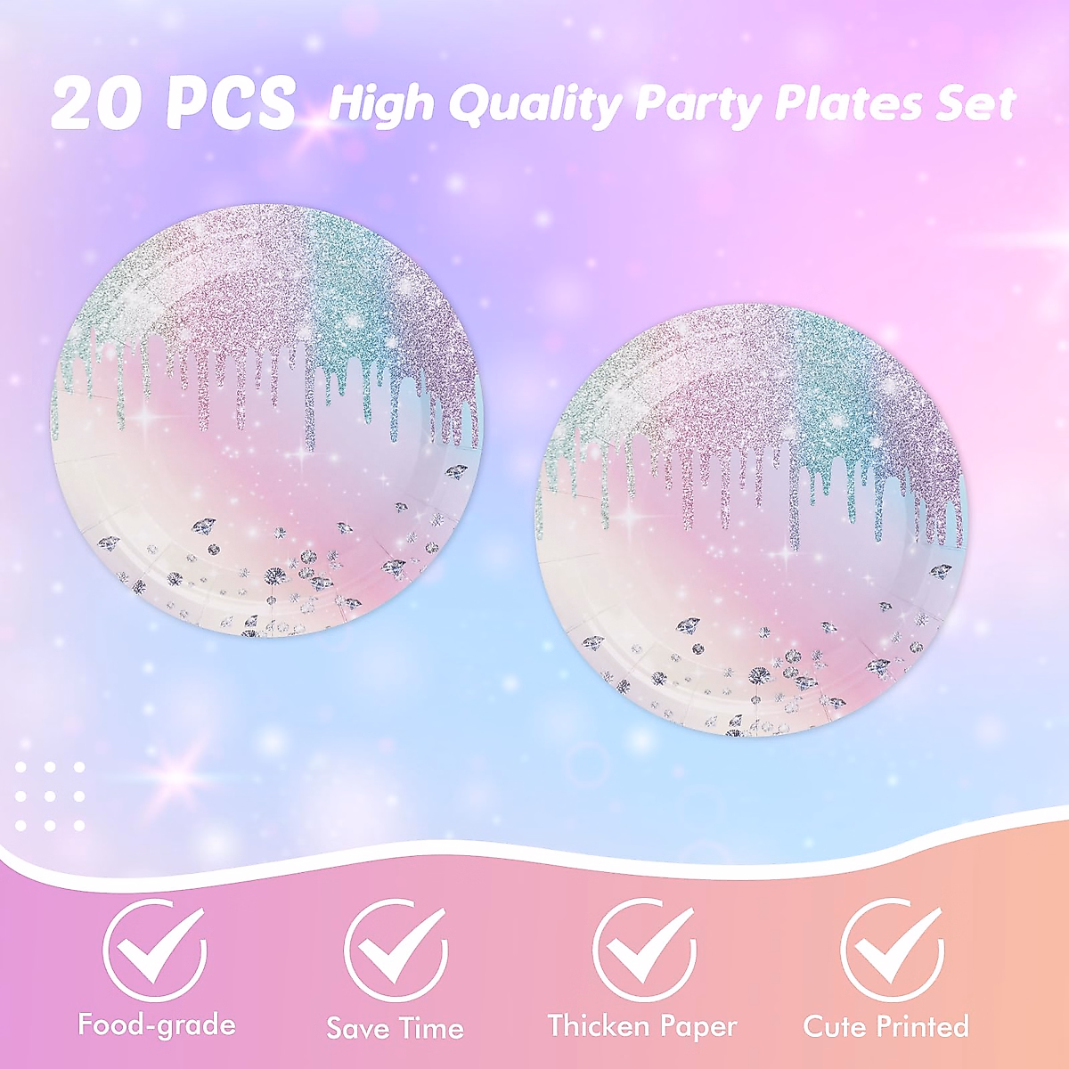Juhap Iridescent Diamond Birthday Party Supplies Decorations, Disposable Holographic Paper Tableware Includes 20 Plates 20 Napkins and 1 Tablecloth for Girls Kids Birthday Theme Party, Serve 20