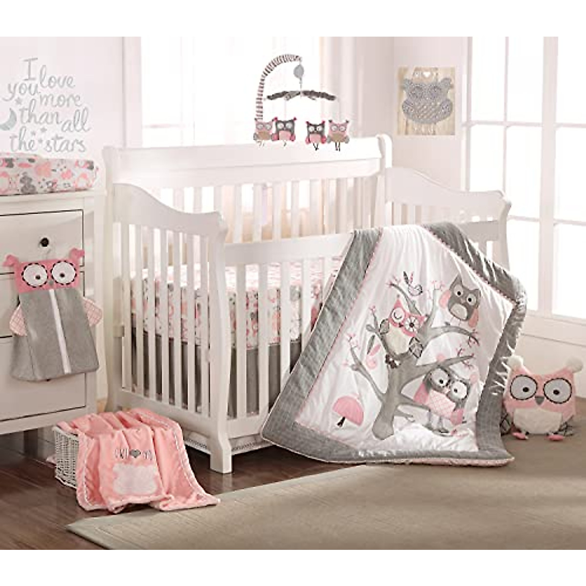 Levtex Baby - Night Owl Pink Plush Blanket - Tossed Owls and Trees on Soft Plush with RIC Rac Trim - Pink, Grey, White - Nursery Accessories - Blanket Size: 30 x 40 in.