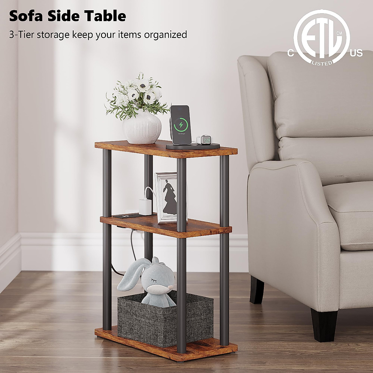 TRIFEBLE Small Side Table with Charging Station, Narrow End Table, Skinny Nightstand with USB Ports and Outlets, 3 Tier Bedside Table for Small Spaces, Living Room, Bedroom, Rustic Brown