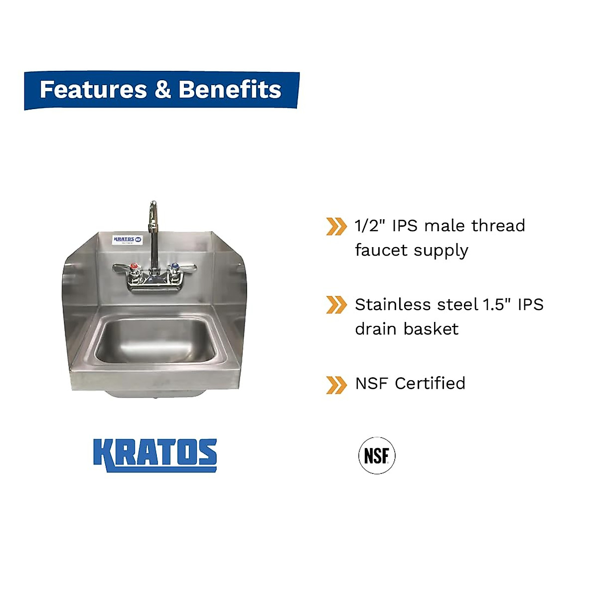Kratos 28W-091 NSF Commercial Hand Sink with Gooseneck Faucet - 9"Wx9"Dx5"H Bowl - 7-3/4" Side Splashes