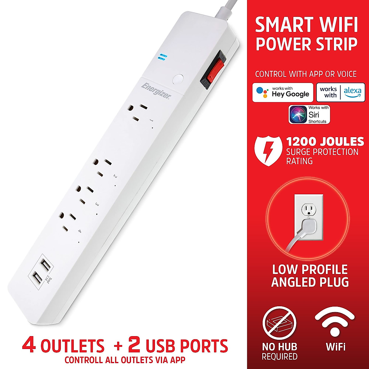 Energizer Smart Wi-Fi 4 Outlet 2 USB Power Strip, 1,200 Joules, Powers 4 Separate Items, Charge Compatible Devices, Compatible with Alexa/Siri/Google Assistant…