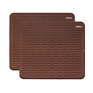 Kinlink Silicone Dish Drying Mats 2 Pack - 18x16 Large Dishwasher Safety Counter Pad for Faster Drying, Kitchen Dish / Dish Draining / Sink Mat, Heat Resistant Trivet, Brown
