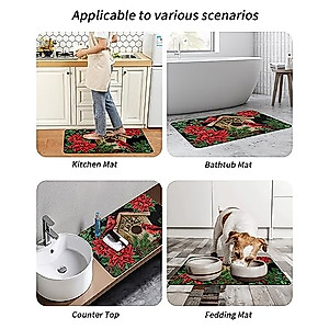 Christmas Bath Mat for Tub,Non Slip Bathroom Floor Runner Rug Quick Dry & Absorbent Diatomaceous Earth Shower Sink Kitchen Living Room Washable Doormat,Xmas Red Poinsettia Green Pine Tree 16"x24"
