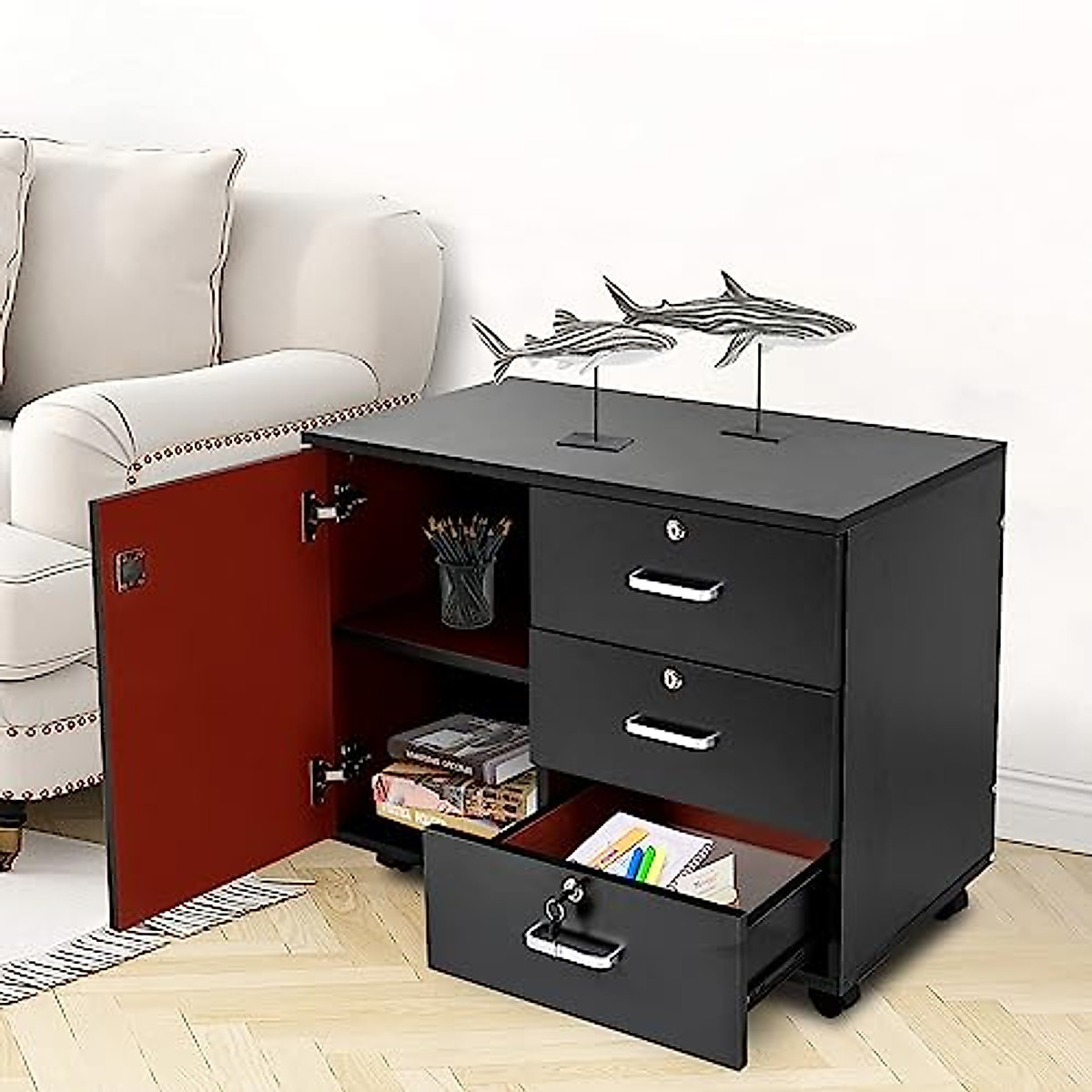 BANLICALI File Cabinet, Modern 3 Drawer Mobile File Cabinet with 2 Shelves and Wheel, Rectangular Under Desk File Cabinet for Home, Office, School Black Load 55.12lbs