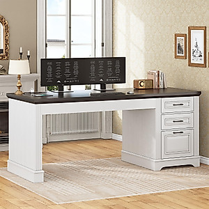 SEDETA Office Desk with 3 Drawers, 55" Executive Computer Desk with Storage Drawers, Farmhouse Desk with Power Outlet for Home Office, White