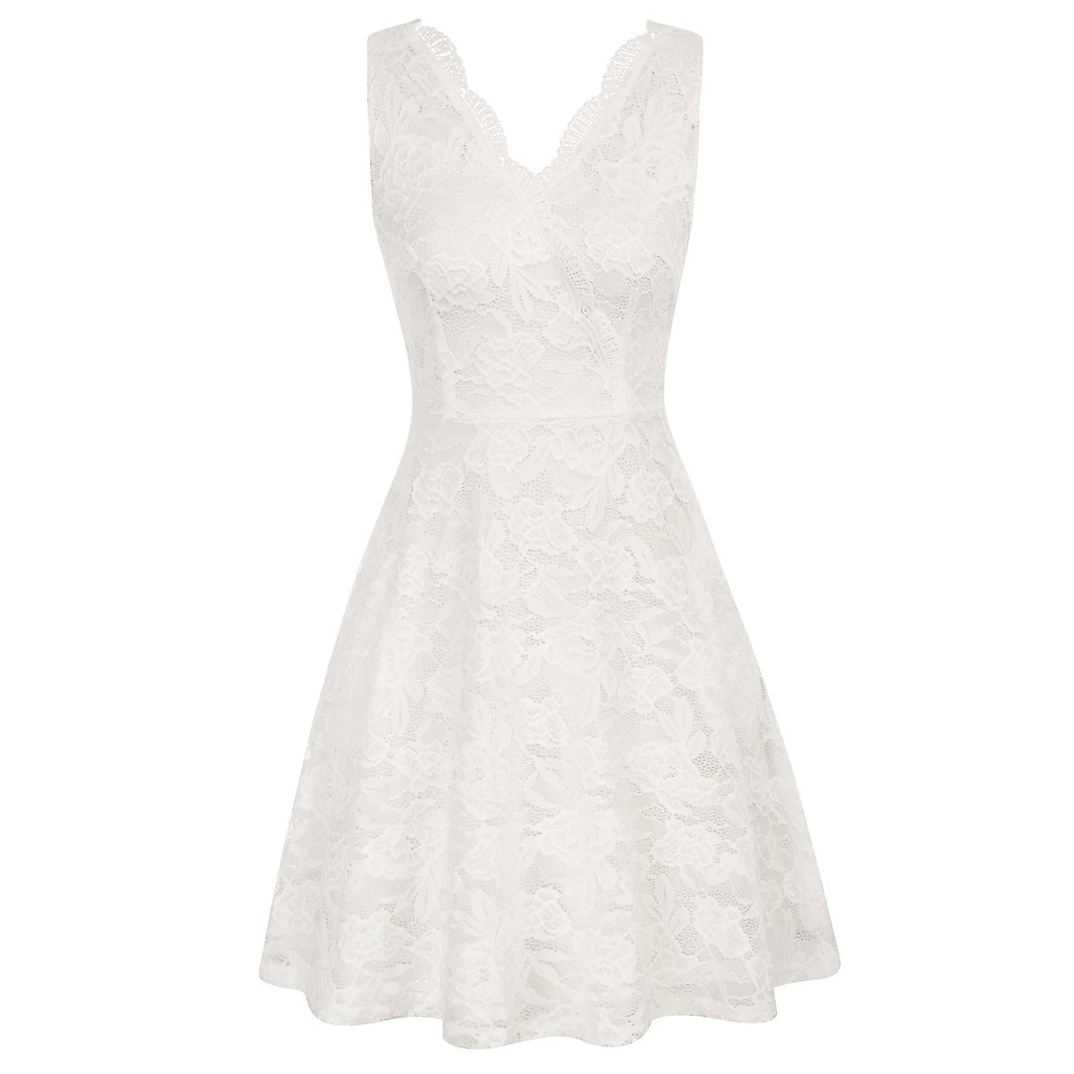 Women V-neck Lace Sleeveless Pocket Dress Swing A-Line Wedding Bridesmaid Cocktail Party Midi Dresses White L