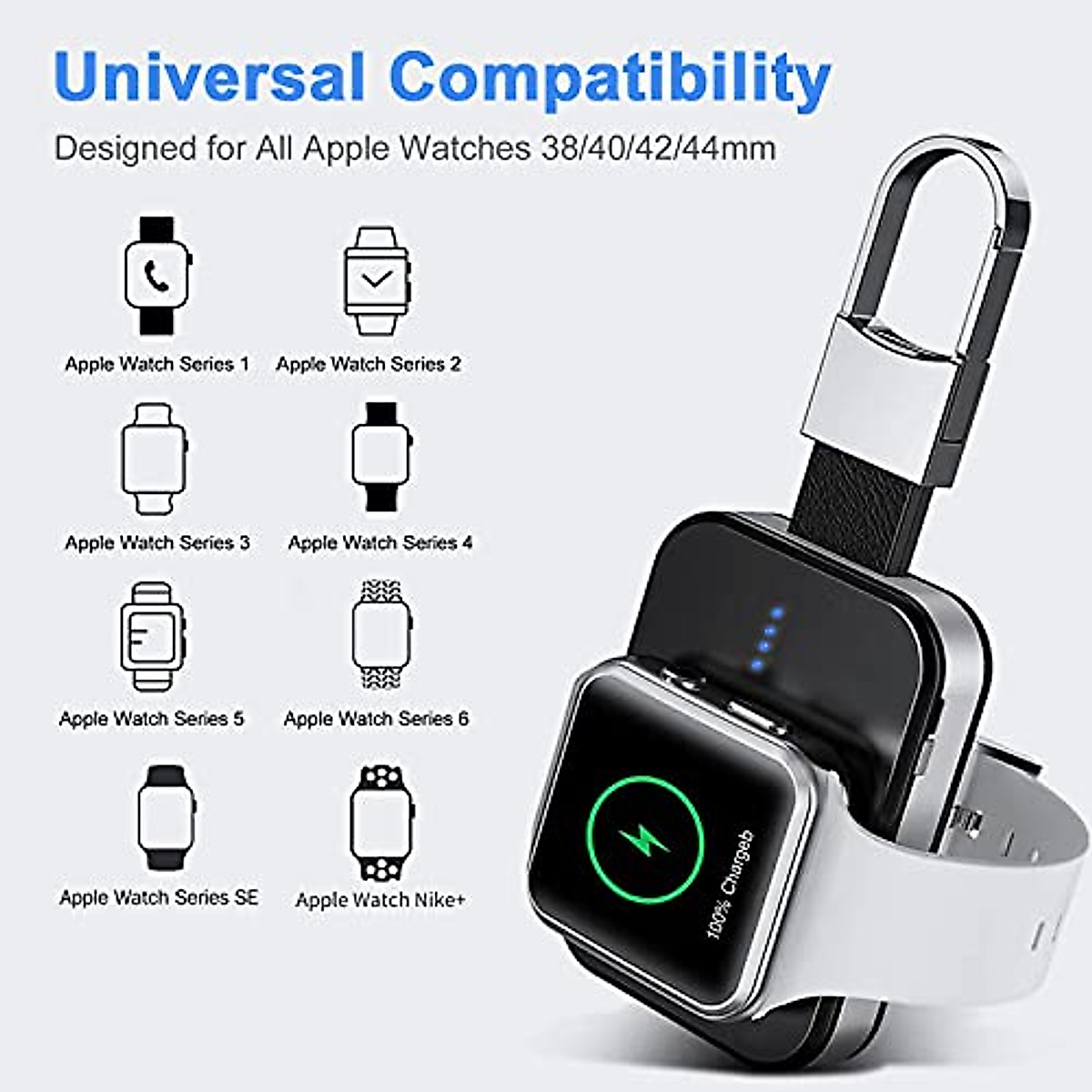 Portable Wireless Charger for Apple Watch 8/7/6/5/4/3/2/1/SE, 1000mAh Magnetic Keychain Power Bank Watch Charger Travel with 4 LED Indicators Compatible for All Apple iWatch Series