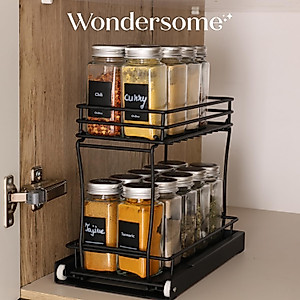 Wondersome Pull-Out Spice Rack Organizer for Cabinet Shelf - Matt Black - 2-Tier Kitchen Jars Organization and Storage Tray - EZ-Slide Rolling Drawer Wheels - Assembles in Moments - US-Based Brand