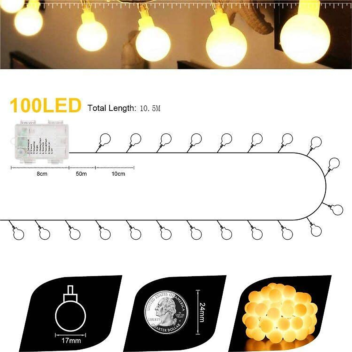 Liyade Globe String Lights, 33ft 100 LED Battery Operated String Lights with Remote and Timer Function, Indoor Outdoor Decorative Lights for Bedroom Christmas Decor Garden Party Wedding, Warm White