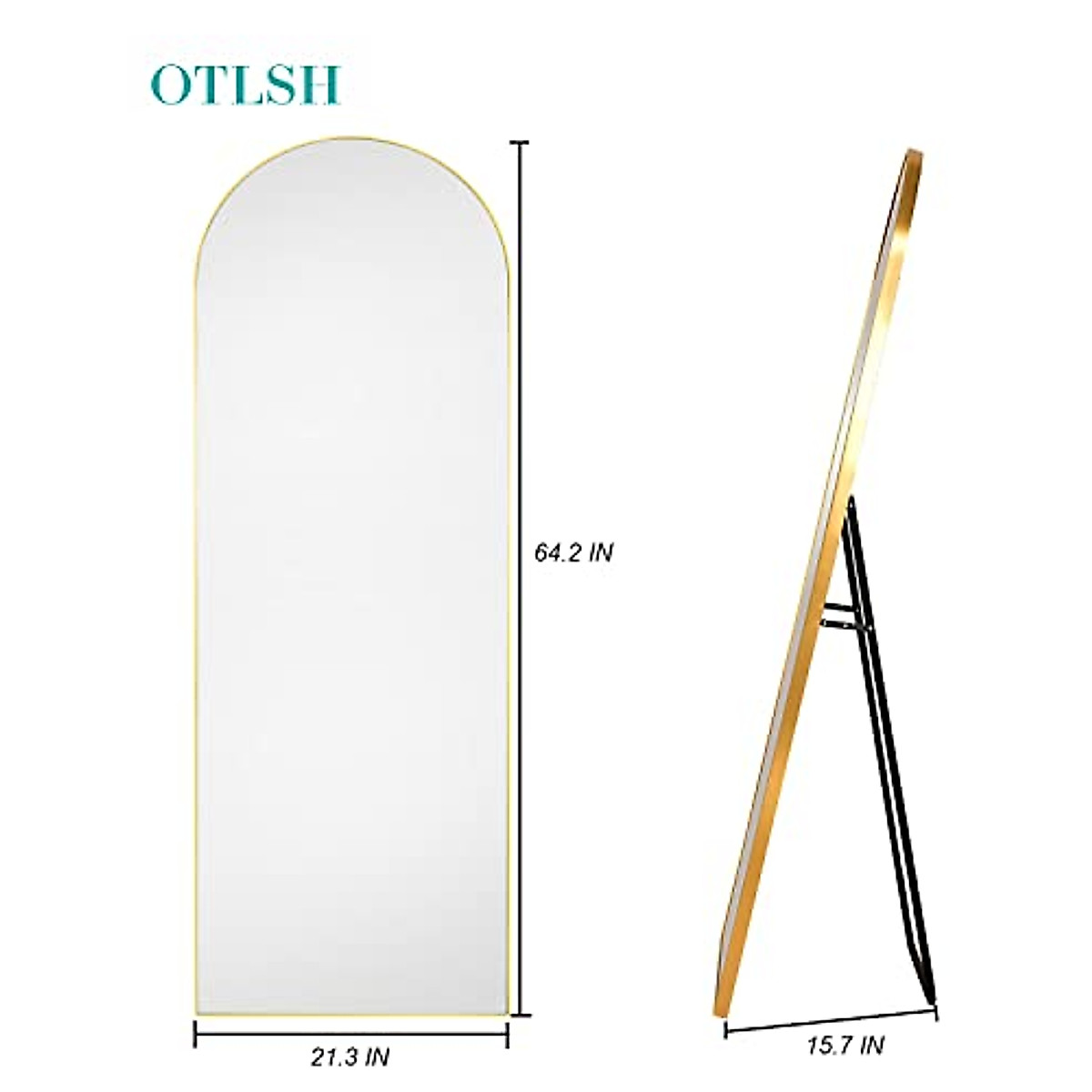 Otlsh Floor Mirror, Arched Full Length Mirror with Stand, Standing Mirror, Full Body Mirror, 64.2"×21.3" Large Mirror, Wall Mirror, Freestanding, Wall Mounted, 1.1" Thickness Aluminum Frame - Gold