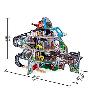 Hape Wooden Railway Mighty Mountain Mine Railway Playset| 4-Level Railway Train Track Playset with Crane and Magnetic Train Cars for Kids