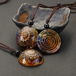 Jovivi 7 Chakra Gemstone Reki Healing Crystal Necklace Round Circle Shape Ammonite Fossil Chip Stones Resin Pendant Necklace for Women Men Jewelry Christmas Gifts