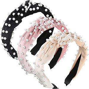 WILLBOND 3 Pieces Pearls Headband Knotted Headband for Women Velvet Pearls Headband for Girl Woman Hair Accessories (Beige, Pink, Black)