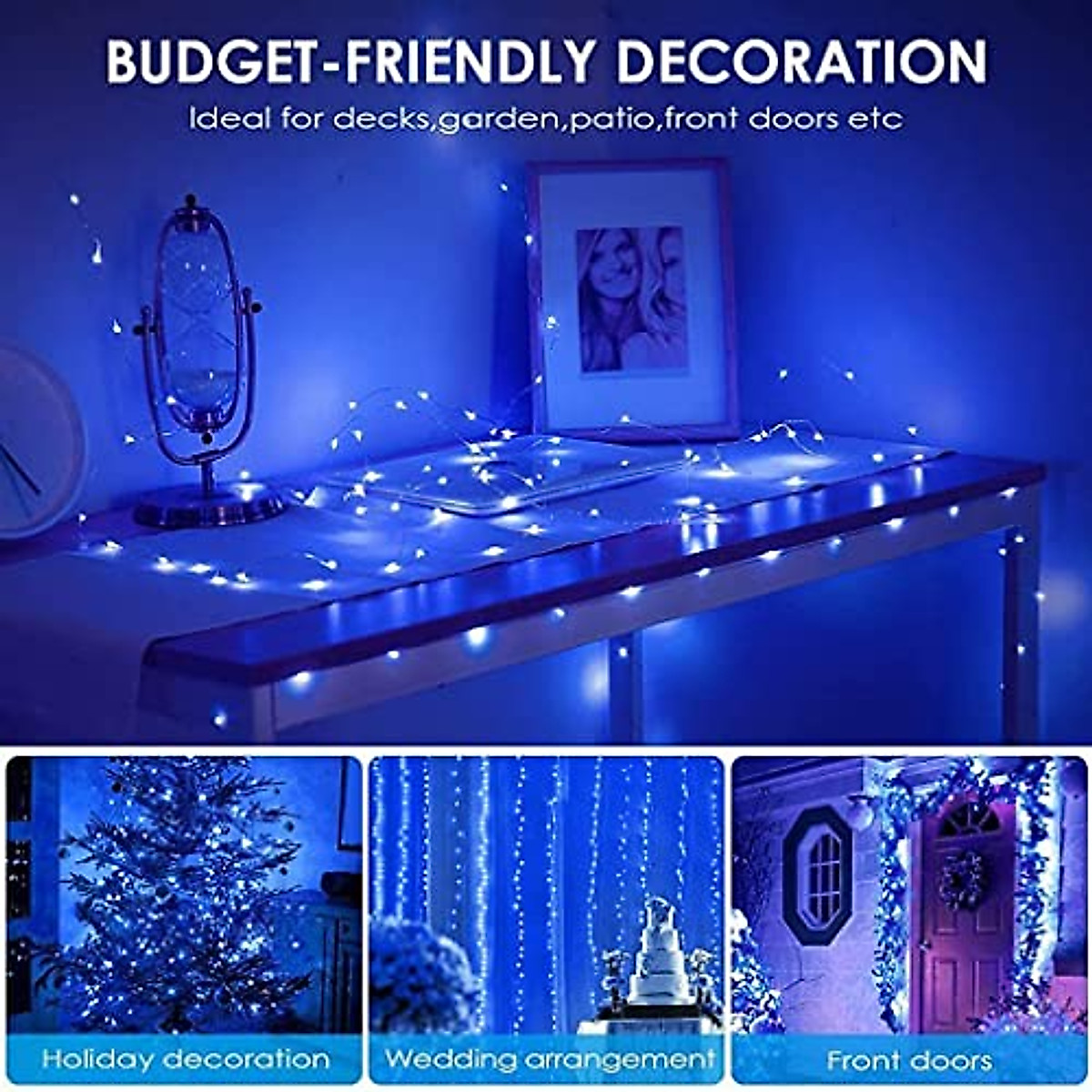 Dolucky 72FT 200 LED Blue Solar Outdoor String Lights, 8 Modes Solar Powered Waterproof Fairy Lights, Solar Copper Wire Lights for Garden Yard Christmas Decoration