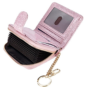 Beurlike Women's RFID Credit Card Holder Organizer Case Leather Security Wallet (Upgrade a (10 Accordion/Key Ring) - Glitter RoseGold)