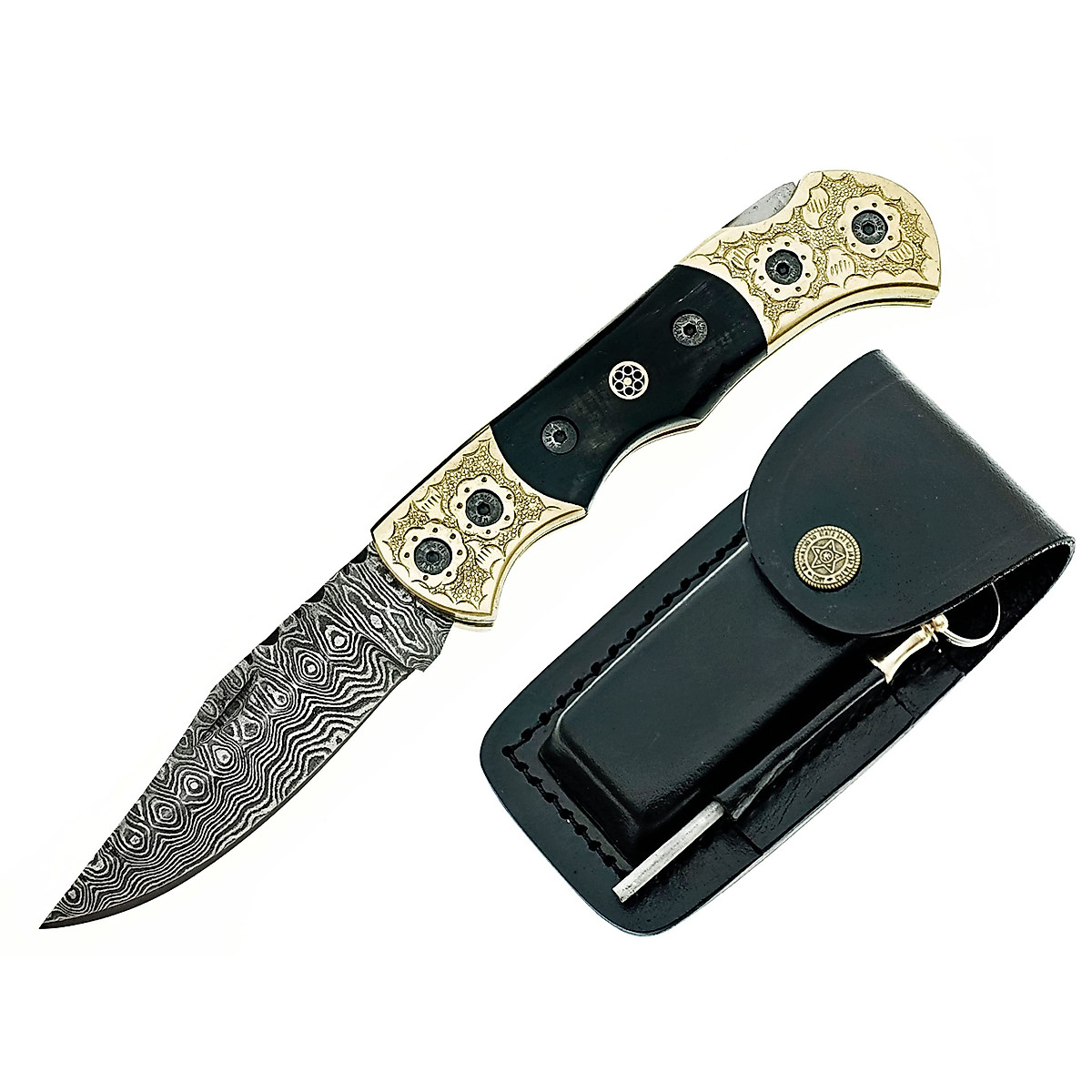 Damascus Steel Blade Folding Pocket Hunting Lock Knife With Real Leather Sheath For Camping Fishing Outdoor. SM106