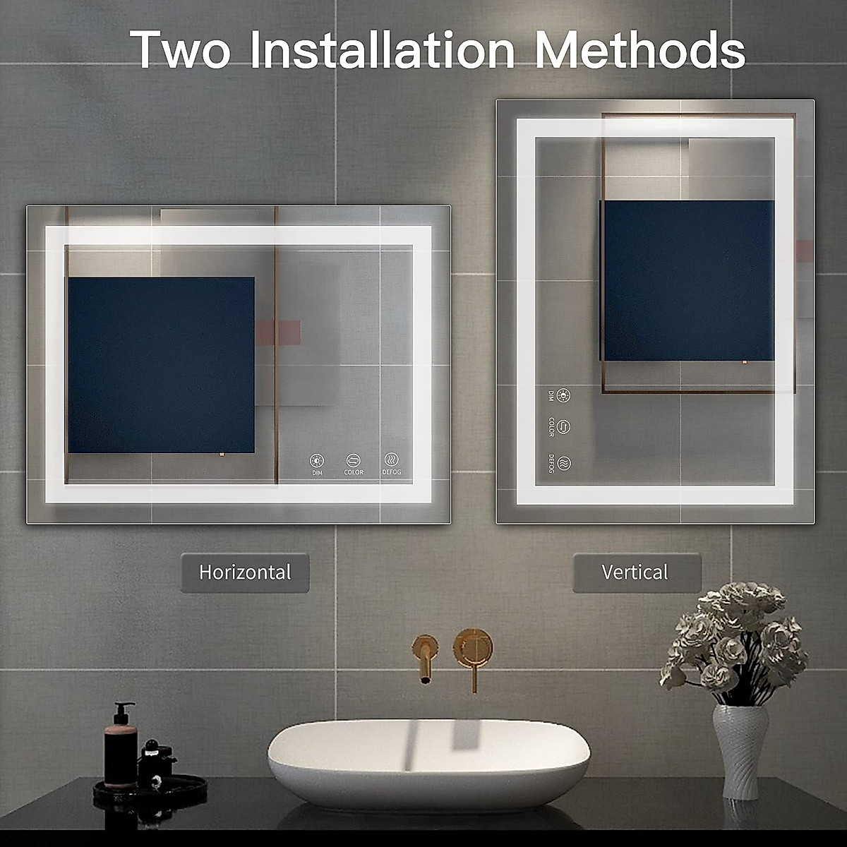 TATU LED Bathroom Mirror,36x28 Inch Bathroom Vanity Mirror Wall Mounted with 3000K-6000K Adjustable, Anti-Fog, Smart Touch Button, Stepless Dimmable Lighted Makeup Mirror, Horizontal/Vertical