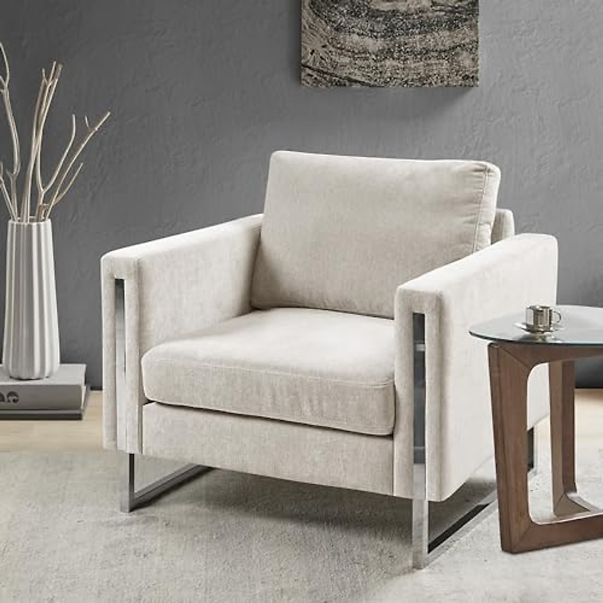 Dsnyu Arm Chair Modern, Unique Living Room Chair Accent Seating Solid Wood Ivory Comfy Home Furniture 31" Lx33 Wx30.50 H