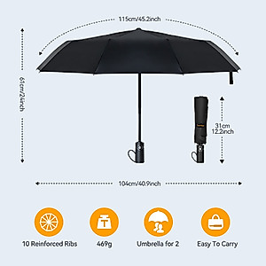TechRise Large Windproof Compact Umbrella, Travel Folding Umbrellas for Rain Ladies Automatic Open Close Strong Wind Proof Rain Resistant with 10 Ribs Waterproof Umbrella Collapsible for Men Women