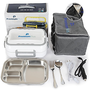 PREMIUMPLUS Electric Lunch Box Food Heater- Portable Food Warmer with Carrying Bag, Fork & Spoon- Lunch Box Warmer Portable for Work Car Truck- 1.5L Crockpot Lunch Warmer- 60W 12V/24V/110V - White