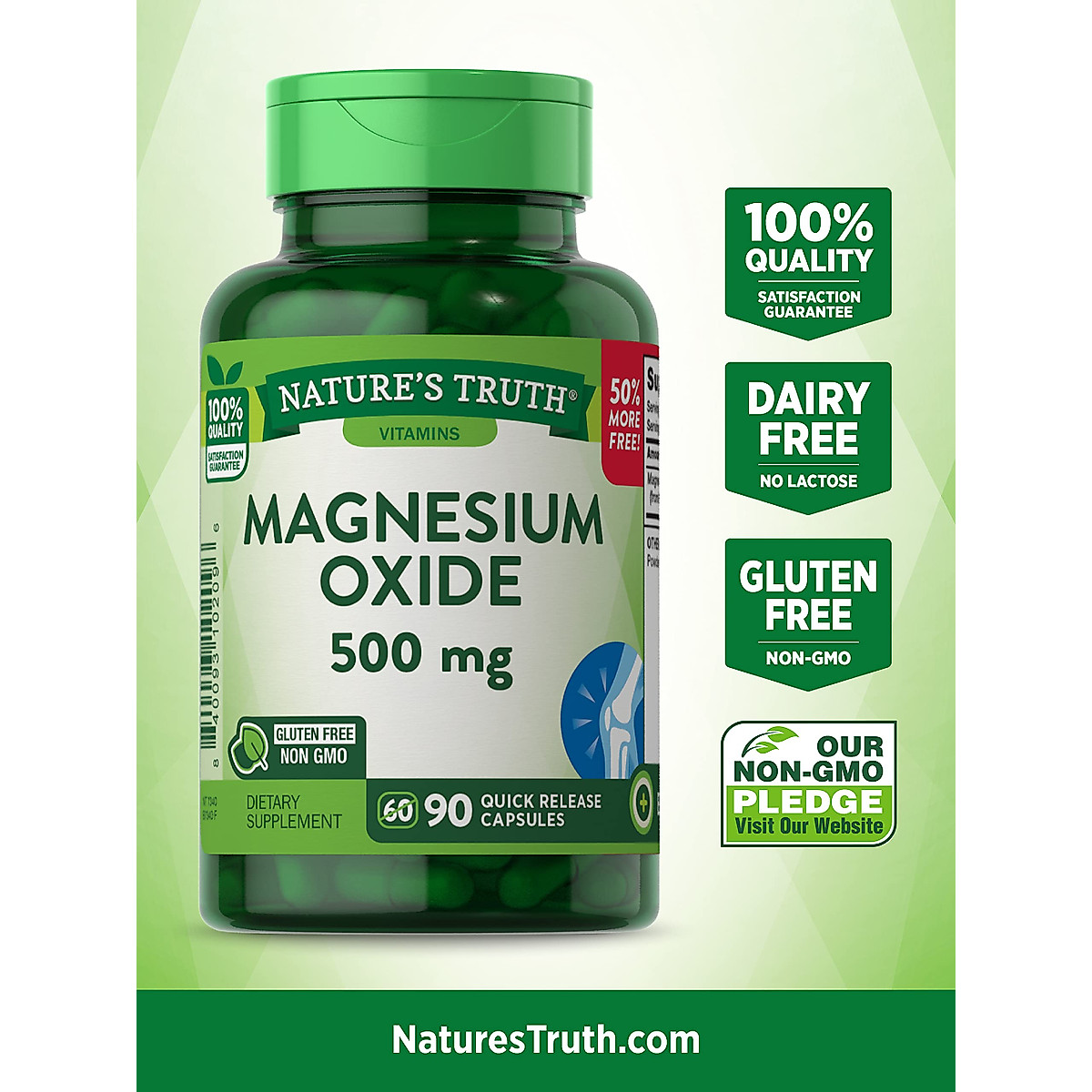 Magnesium Oxide 500mg Capsules | 90 Count | Non-GMO & Gluten Free High Strength Supplement | by Nature's Truth