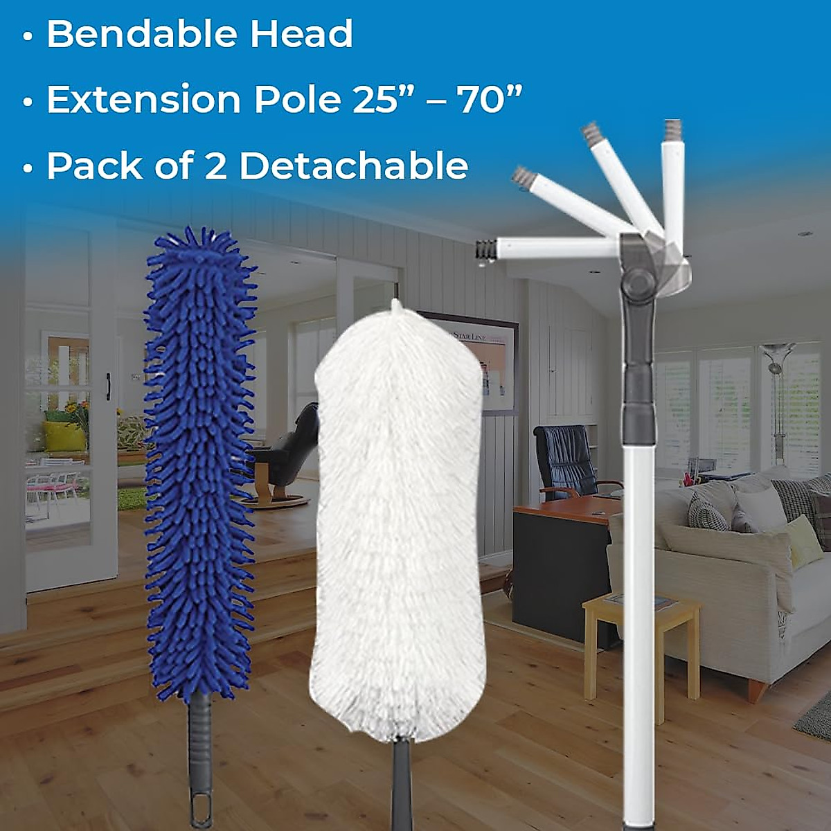 Multi Angle Duster, Bendable Head, Extension Pole 25” – 70”, Brush Cleans High Ceilings, Lights, Windows, Ceiling Fans, Pack of 2 Detachable, Microfiber Heads for Cleaning