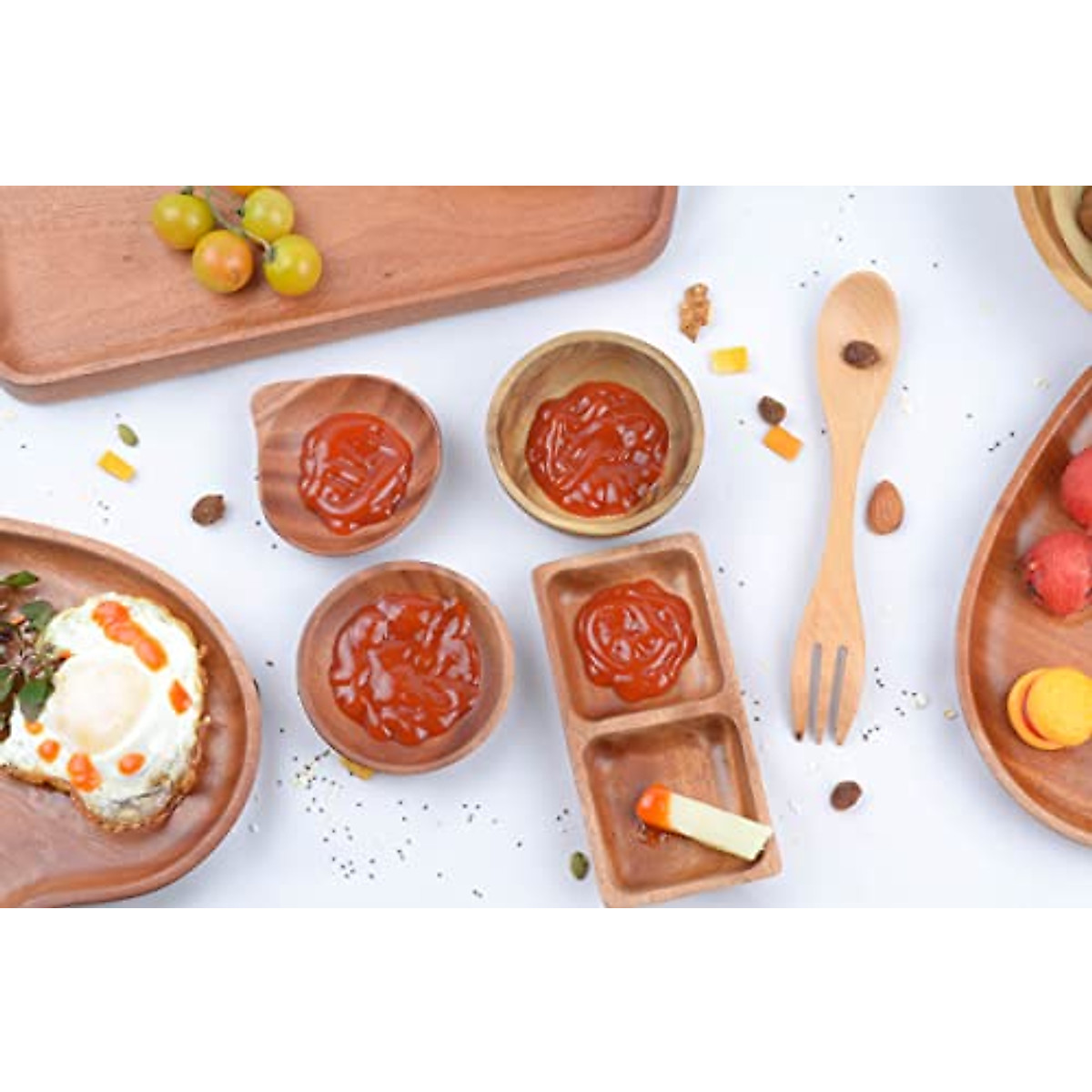 VieWood Mini Wooden Bowl Set of 4 (3.54" Diameter x 0.78" Height) for Condiments, Dip Sauce, Ketchup, Small Wood Bowl for Jam, little Prep, Olive (Round)