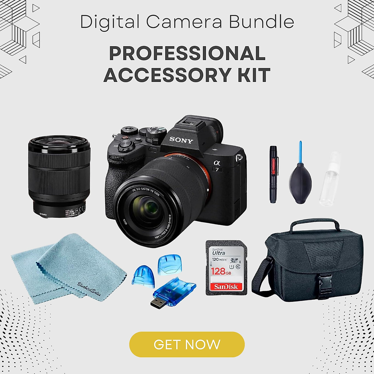 Sony Alpha 7 IV Full Frame Mirrorless Camera with 28-70mm Lens + Deluxe Carrying Case + Cleaning Cloth + Sandisk 128GB SD Card- Sony Zoom Lens 4K 60p Video Professional Accessory Kit