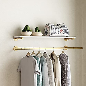HOMEKAYT Gold Clothing Rack Wall Mounted Garment Rack with Wooden Shelves Set of 3 for Office Bedroom Living Room-GOLD